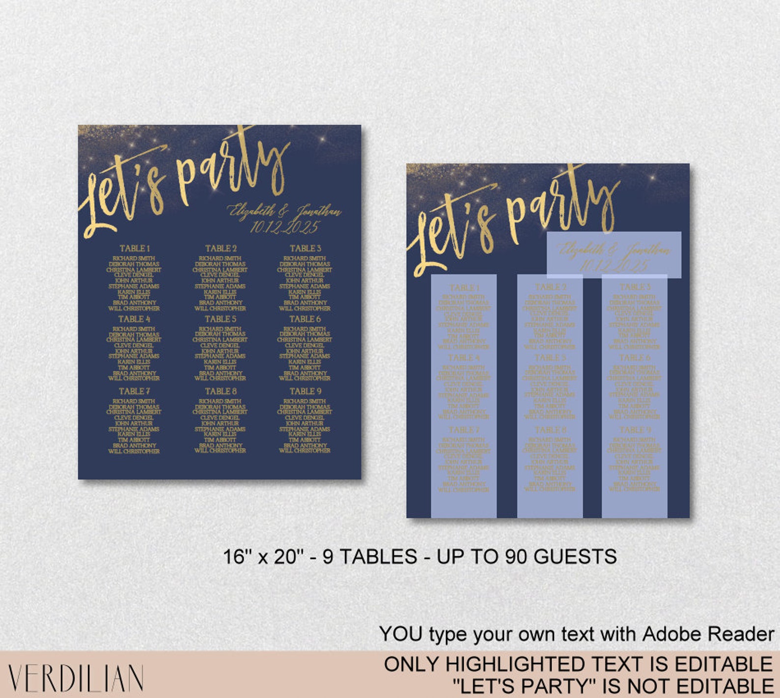 DIY Wedding Seating Chart Printable Template 7 Versions Navy | Etsy
