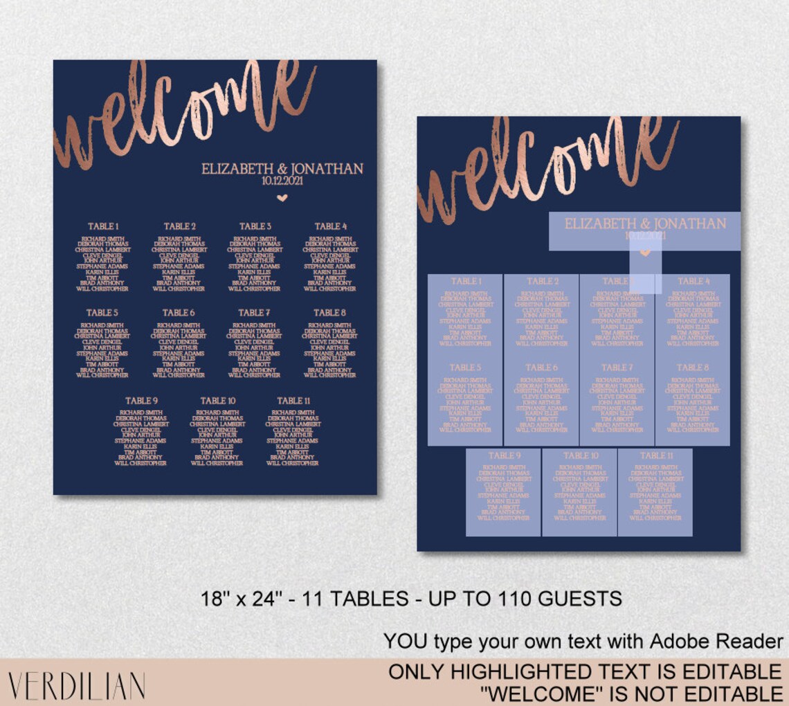 Wedding Seating Chart Printable Template 8 Versions Navy Rose | Etsy