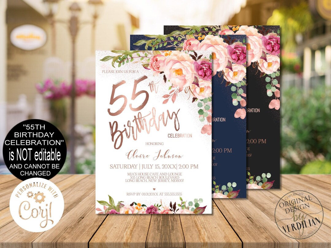 55th Birthday Invitation for Women, Digital Blush Pink Rose Gold Floral ...