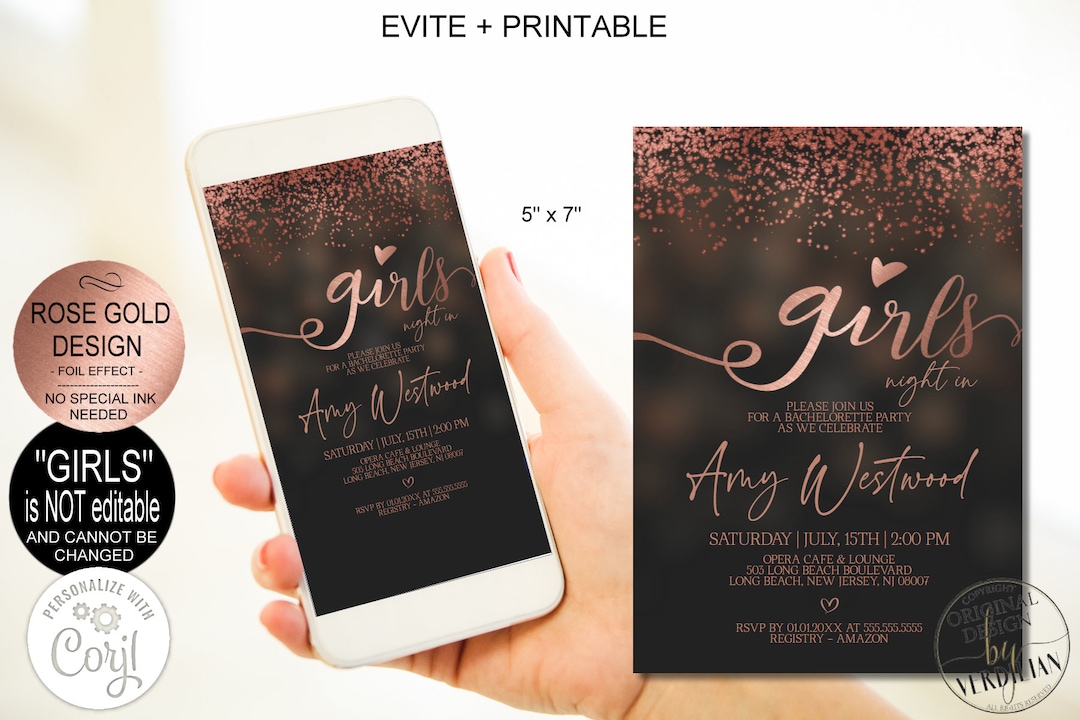 Girls Night Invitation, Girls Night in Invitation Digital, Rose Gold ...