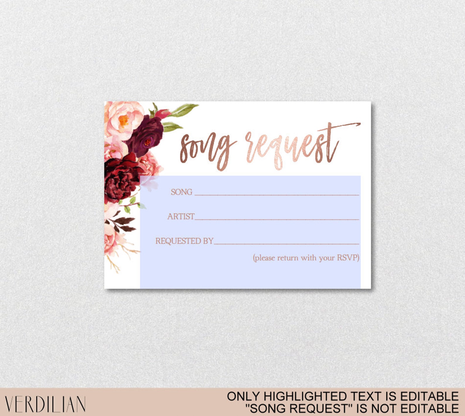 Song Request Card Printable Template Marsala Rose Gold - Etsy