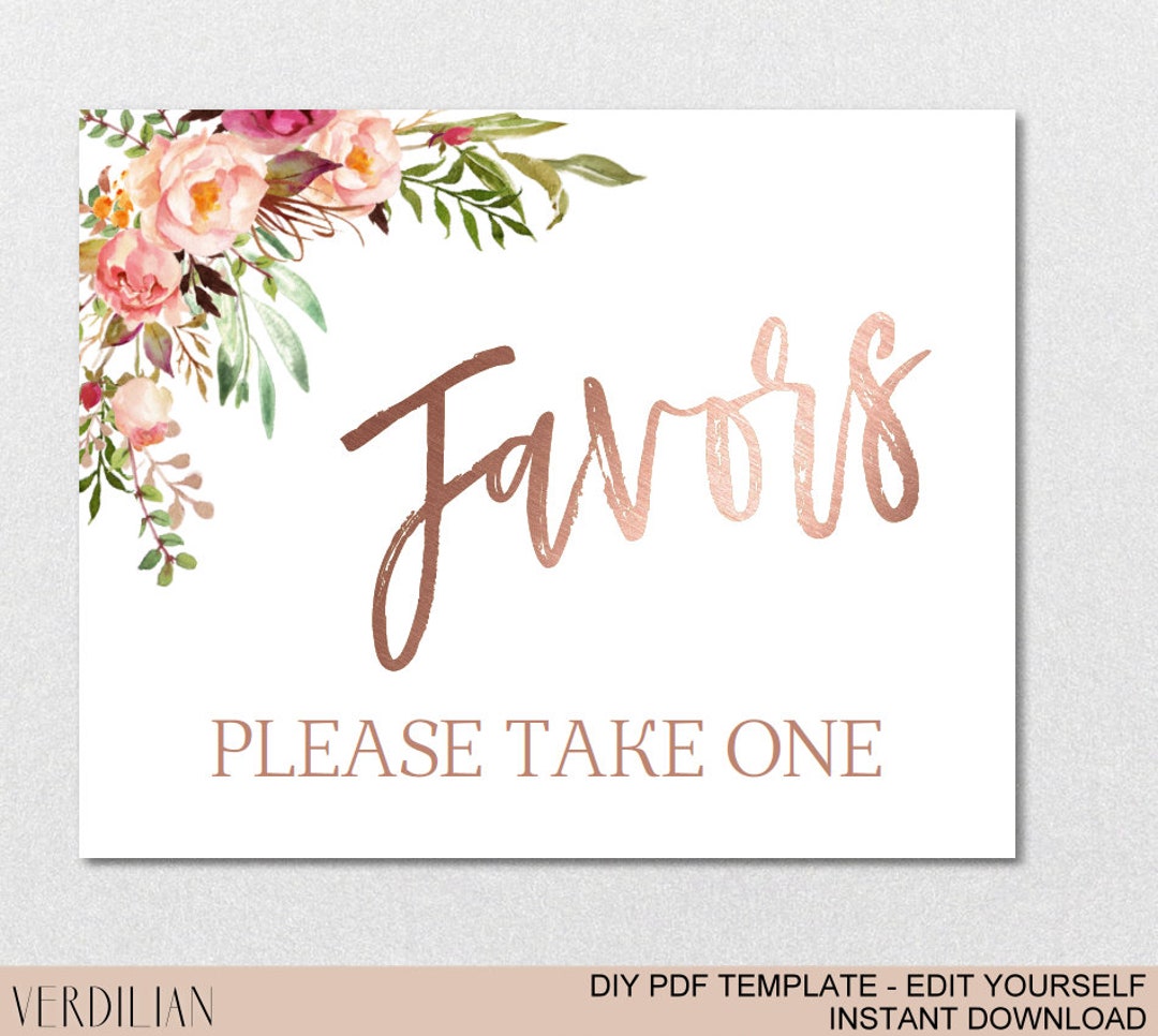 Wedding Favors Sign Printable, Please Take One, Rose Gold Blush Floral ...