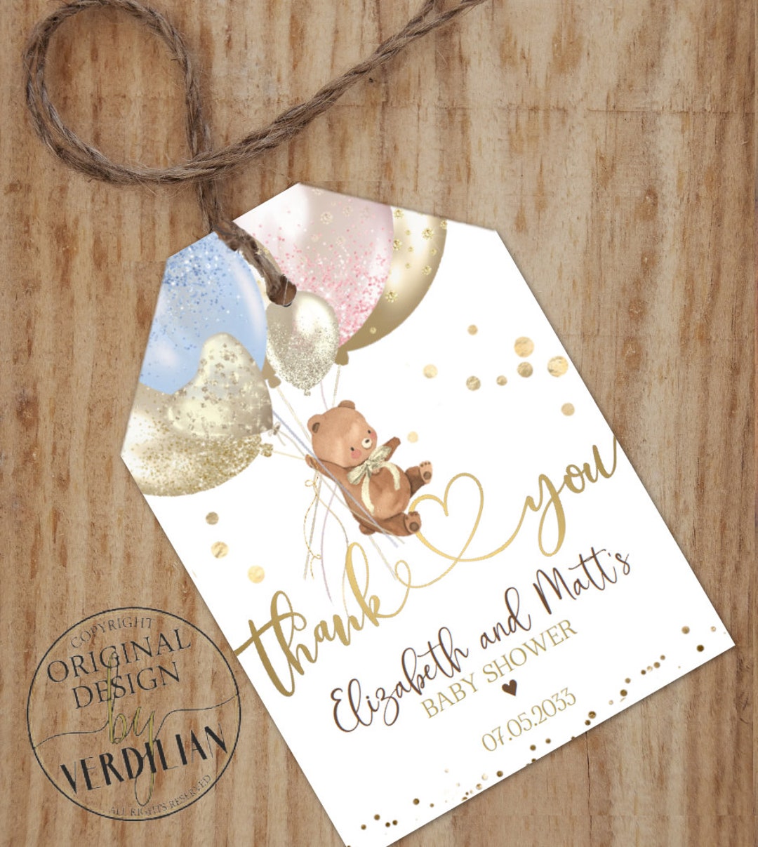 DIY Favor Tags PDF Template, Teddy Bear Blue Pink Gold Thank You Tag ...