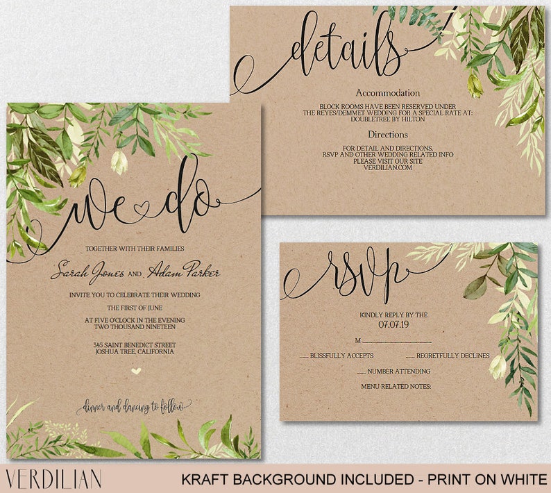 DIY We Do Wedding Invitation Suite Template Green Leaves - Etsy