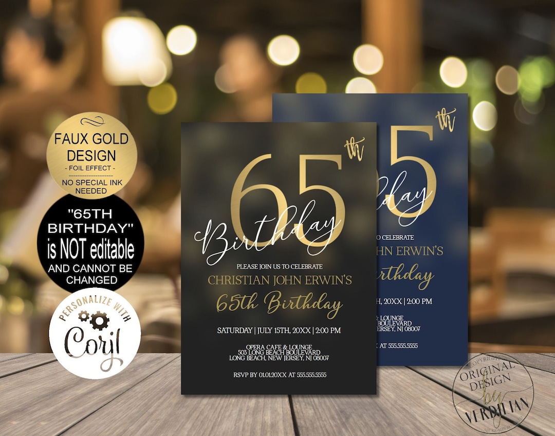 65th Birthday Invitations for Men 65th Birthday Party Invitation ...