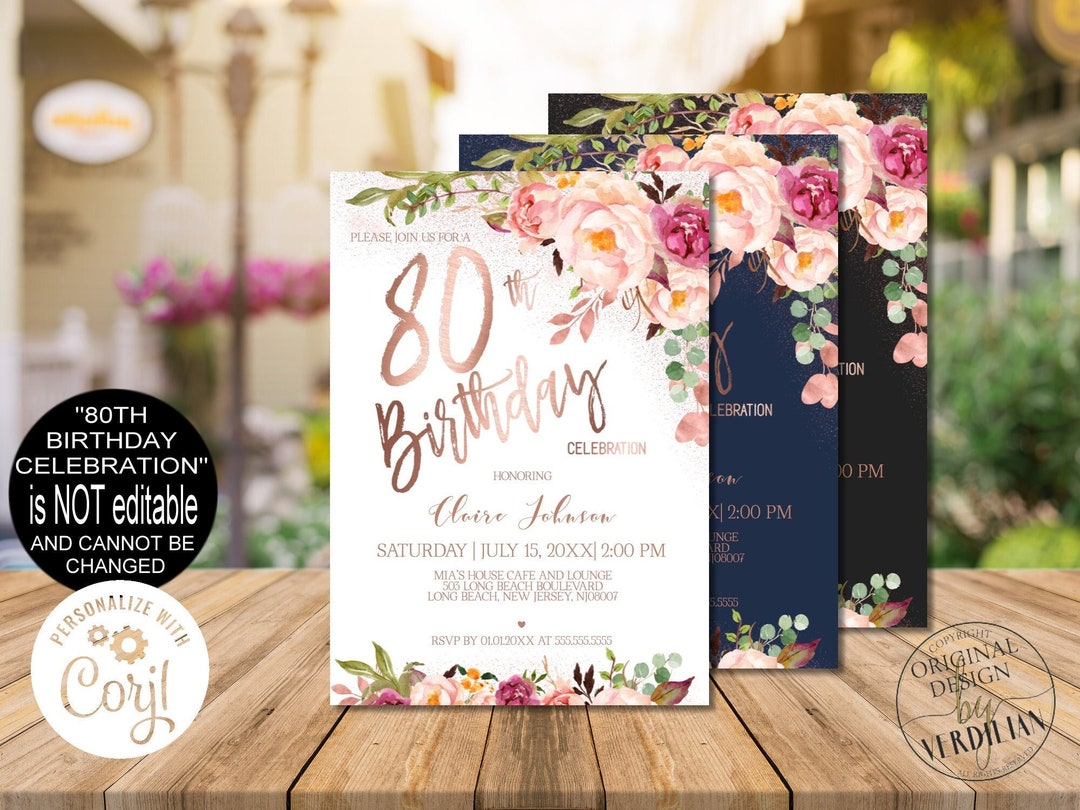 80th Birthday Invitation for Women, Digital Blush Pink Rose Gold Floral ...