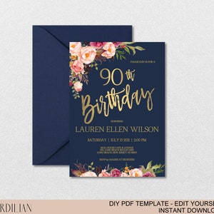 90th Birthday Invitation, Navy Blush Gold Floral Birthday Party ...