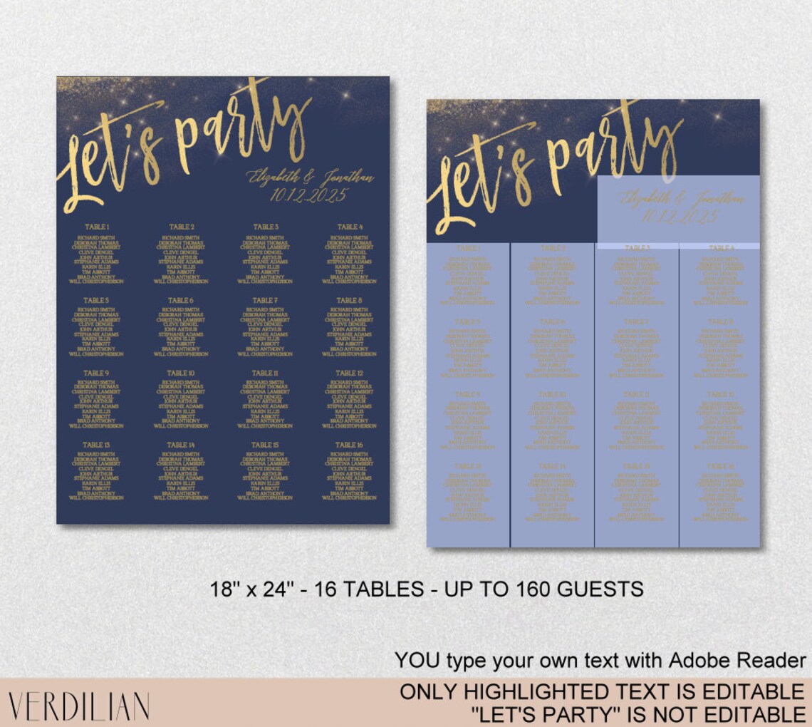 DIY Wedding Seating Chart Printable Template 7 Versions Navy | Etsy