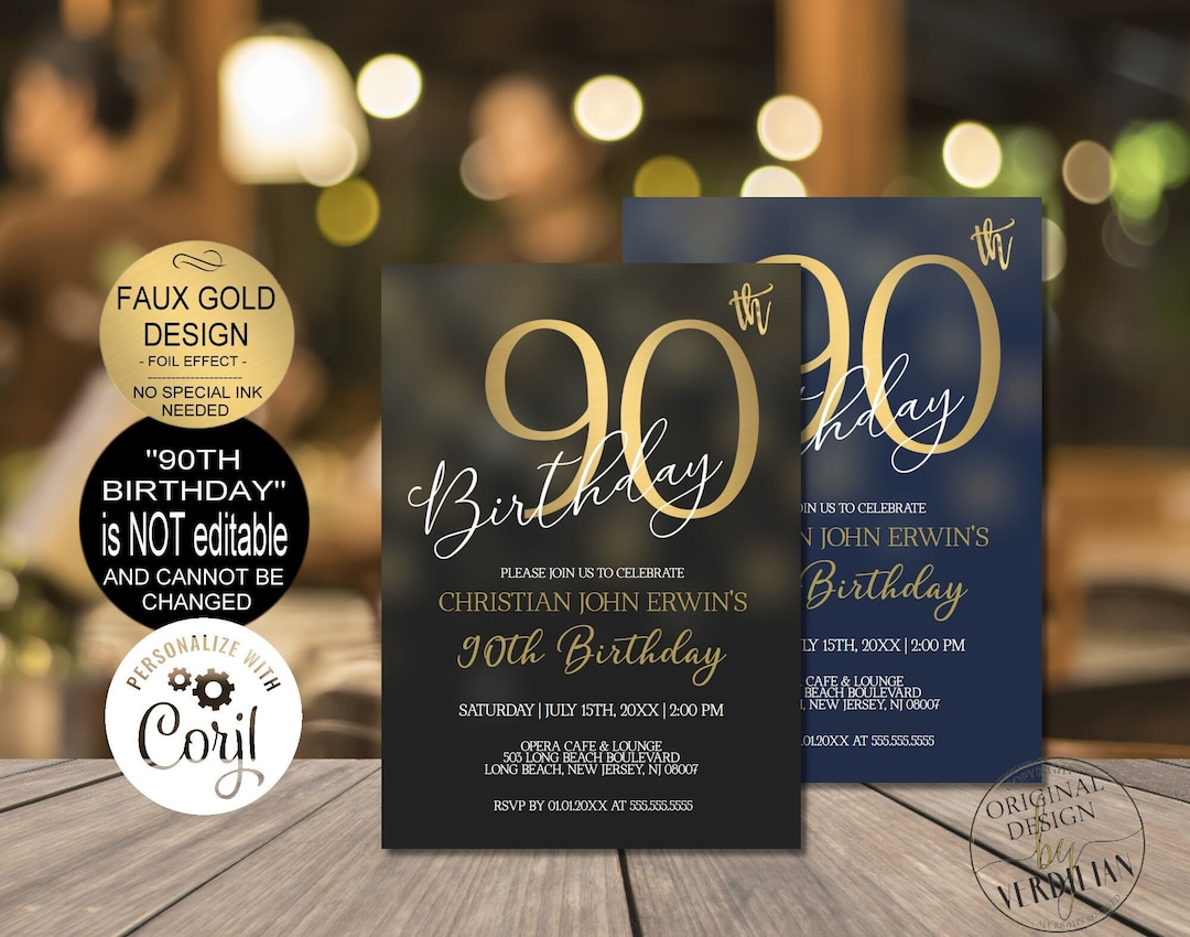 90th Birthday Invitations for Men 90th Birthday Party Invitation ...