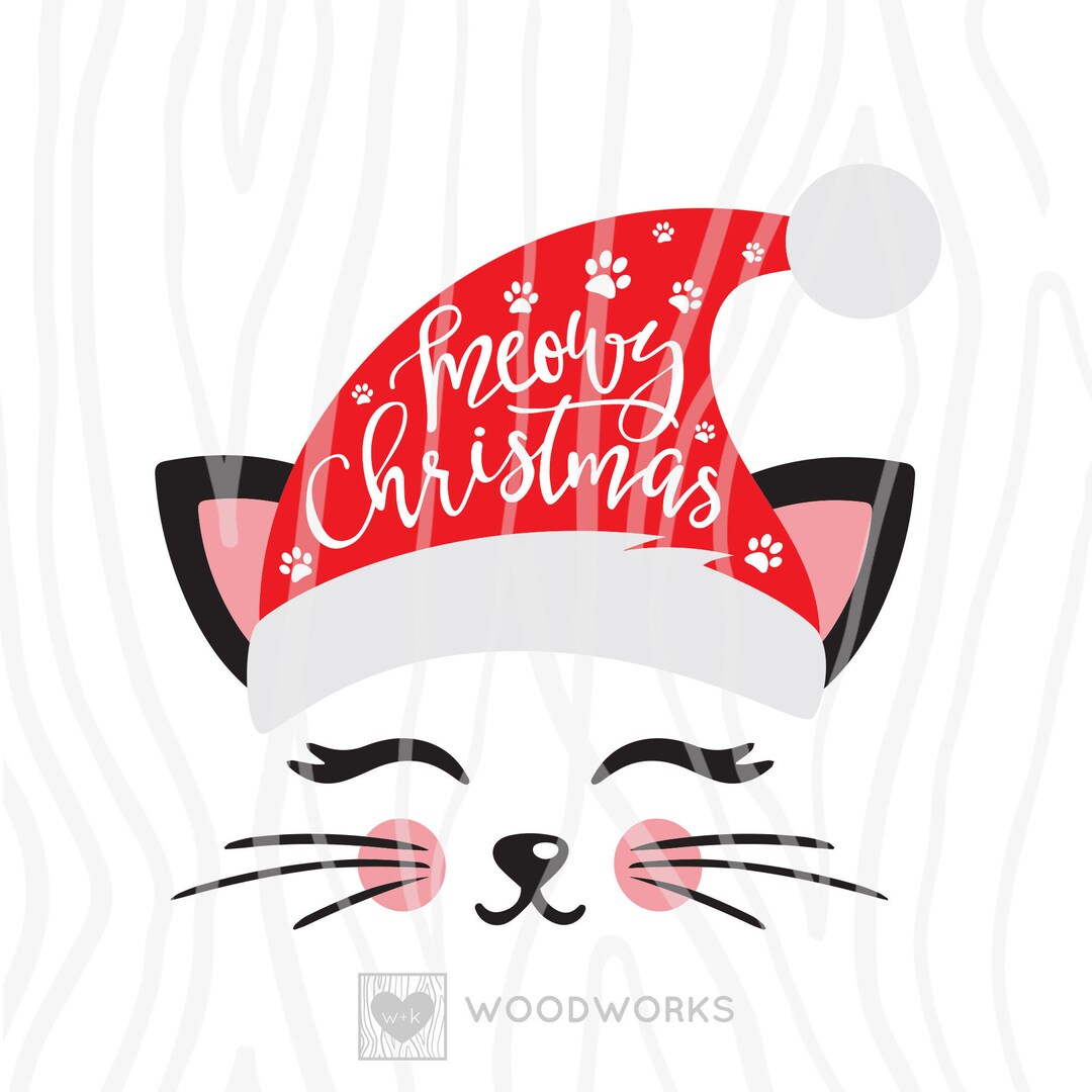 SVG / DXF - Cute Cat Face "meowy Christmas" Cut File, Santa Hat, Merry ...