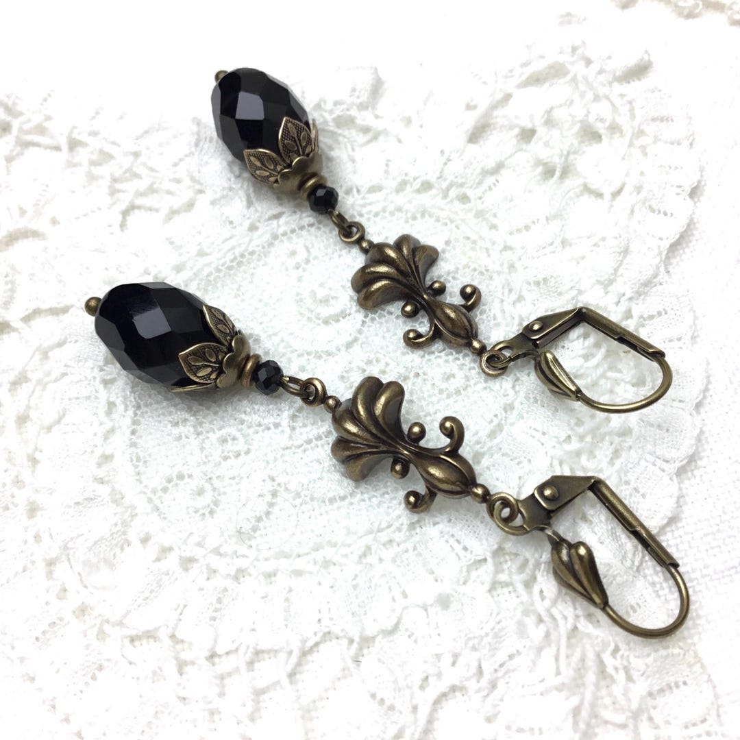 Black Victorian Style Antique Brass Drop Earrings Antique Brass French ...
