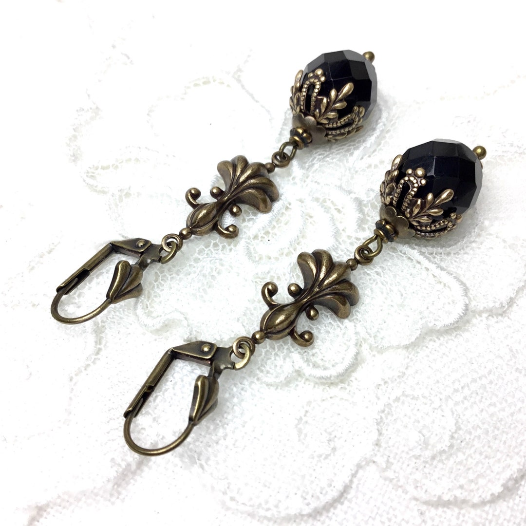 Black Victorian Style Antique Brass Drop Earrings Antique - Etsy