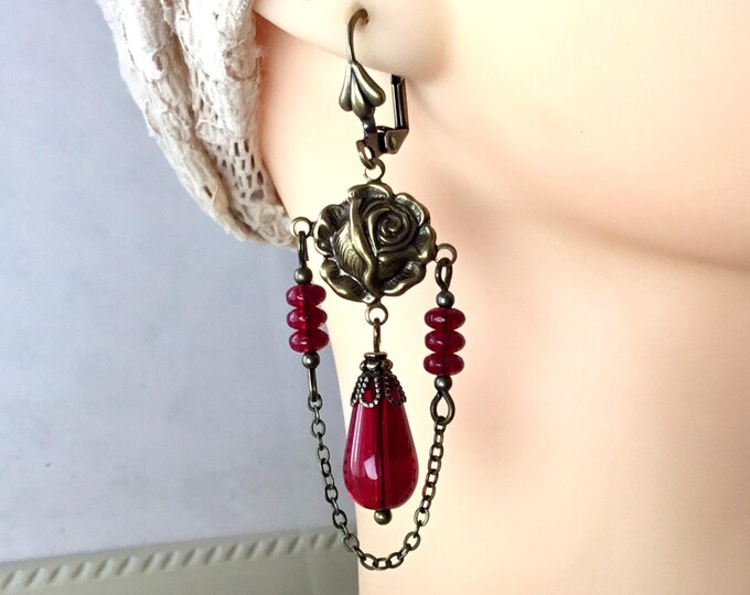 Red Teardrop Floral Victorian Style Drop Earrings Siam Red Teardrop ...