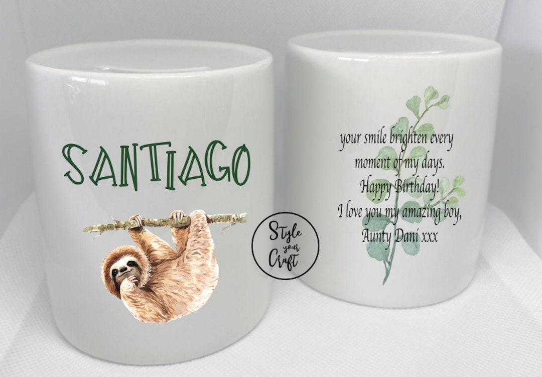 Sloth Money Box Personalised, Christening, Birthday, No Peeling Coin ...