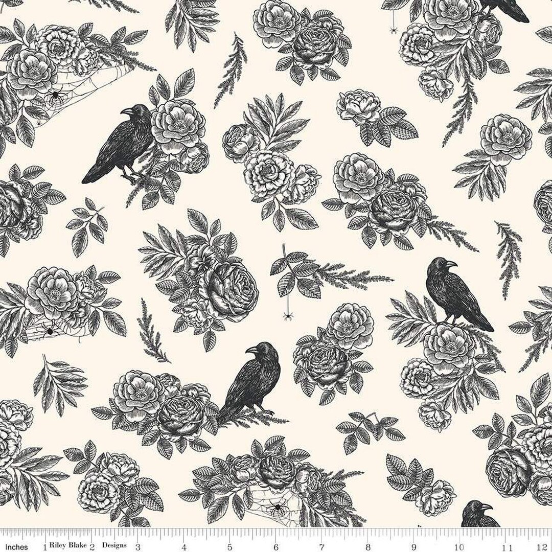 Sophisticated Halloween Floral Raven, Cream | Half Yard Listing - Etsy