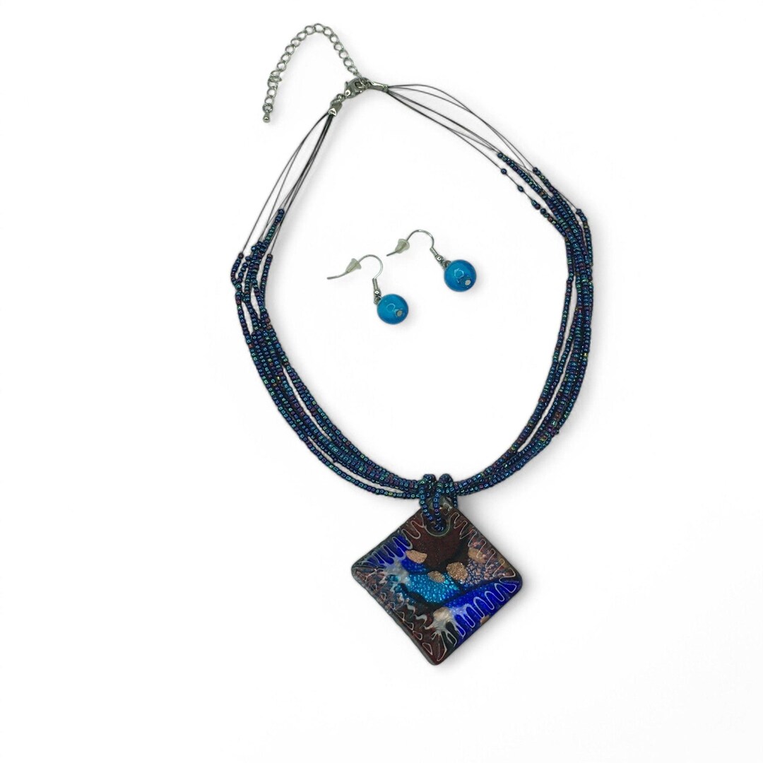 Erica Lyons Blue Art Glass Pendant Necklace 5-strand Beaded W/ Matching ...