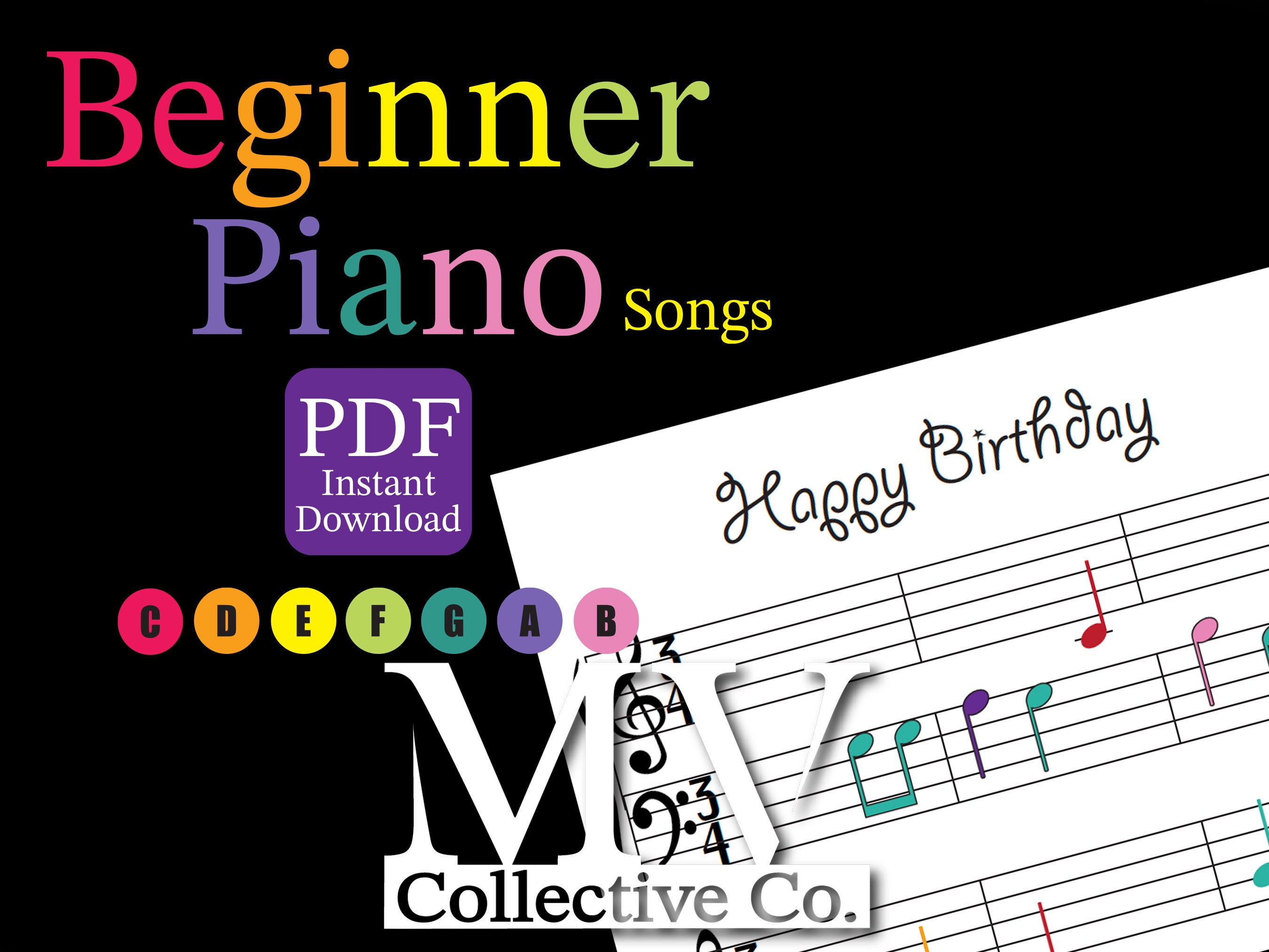 Beginner Piano Colour Coded Music, Kids Learning Music Sheets, Instant ...