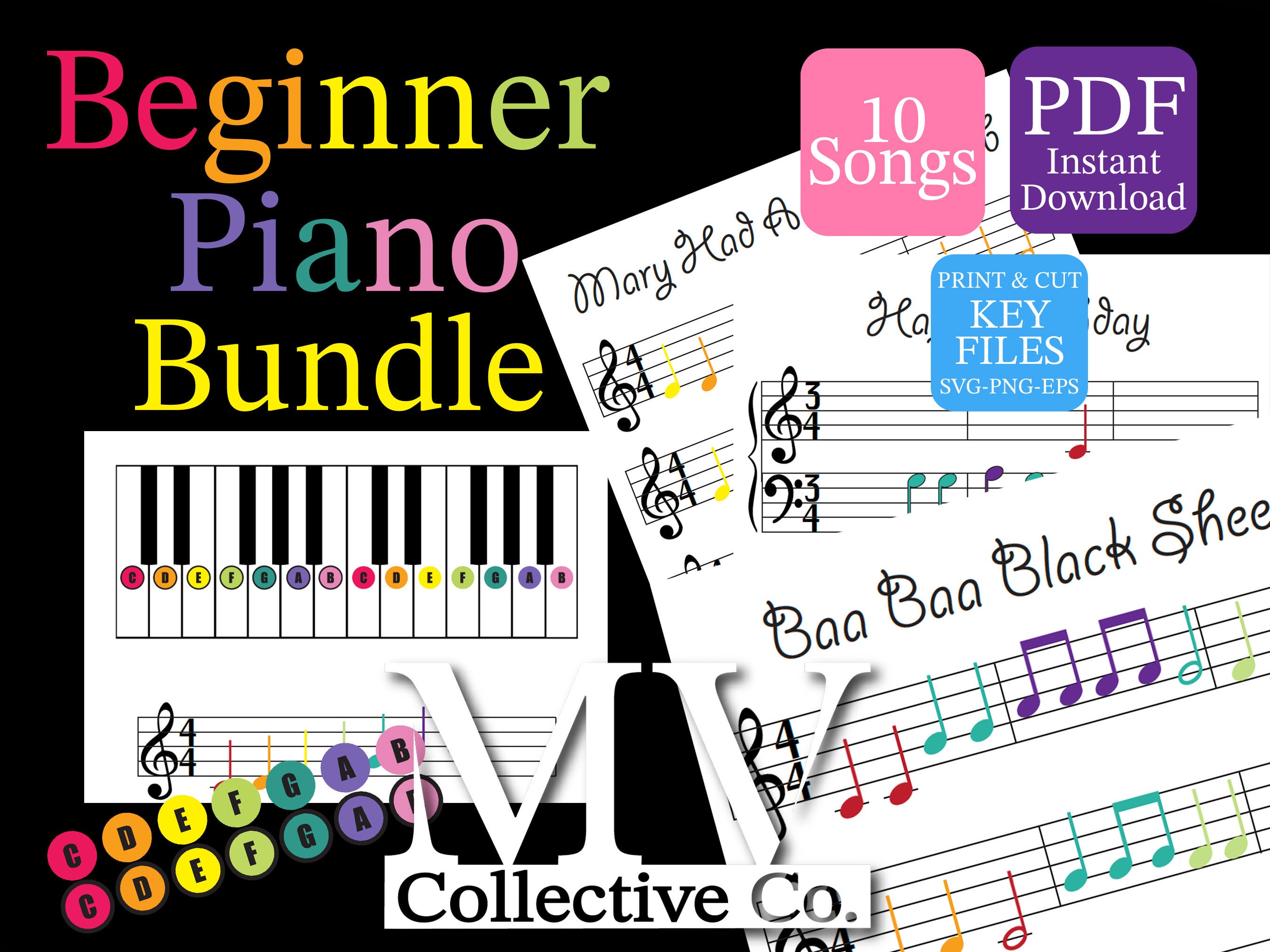 Beginner Piano Colour Coded Full Bundle 10 Songs, Learn Music Sheets ...