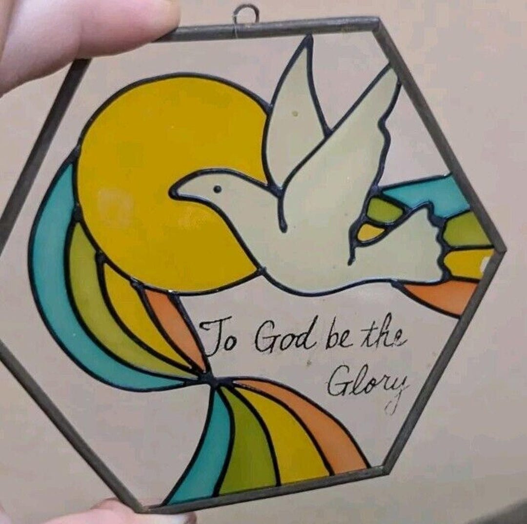 Vtg Stain Glass Window Sun Catcher to God Be the Glory Dove Bird ...