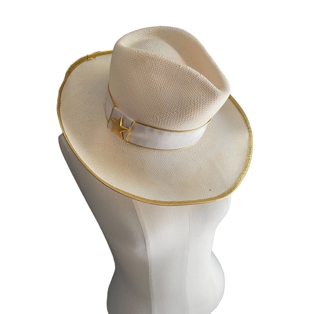 Vtg Straw Rancher Cowboy Hat Wide Brim Gold White Ribbon Women - Etsy