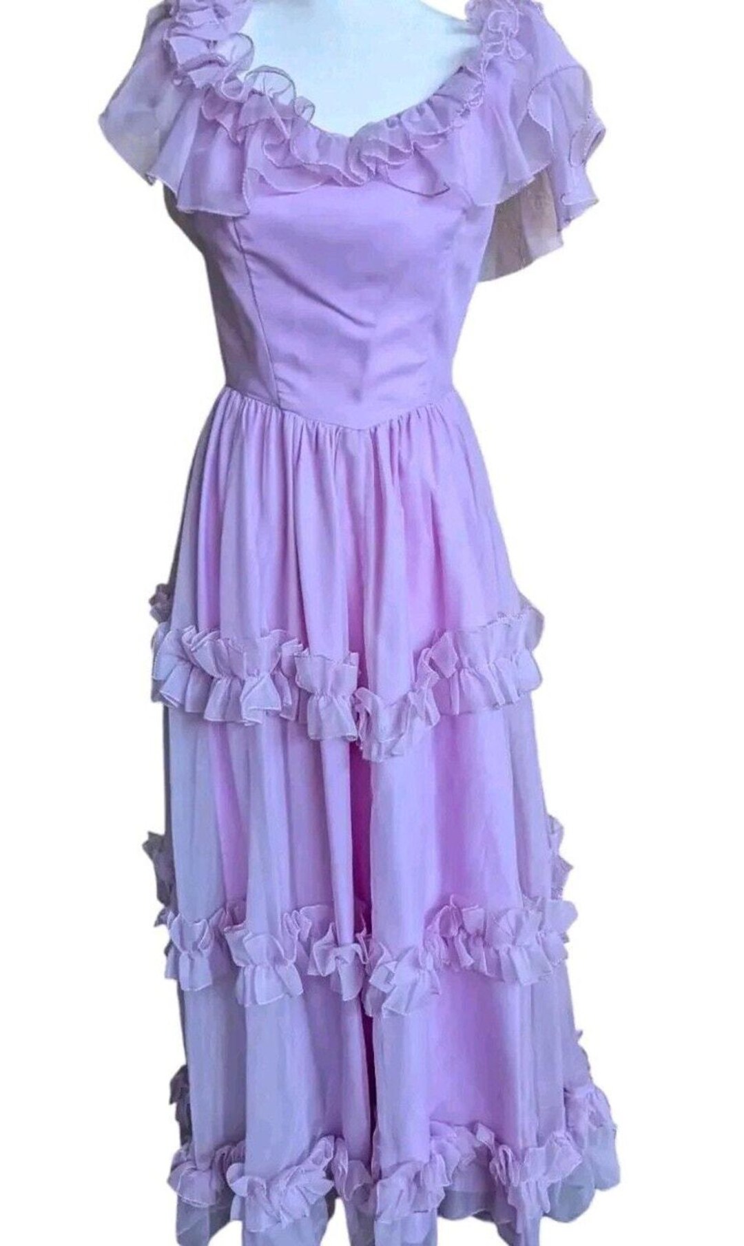 Vtg 70s Prom Dress Ruffled Purple Evening Gown off Shoulder 4 Fairy Kei ...
