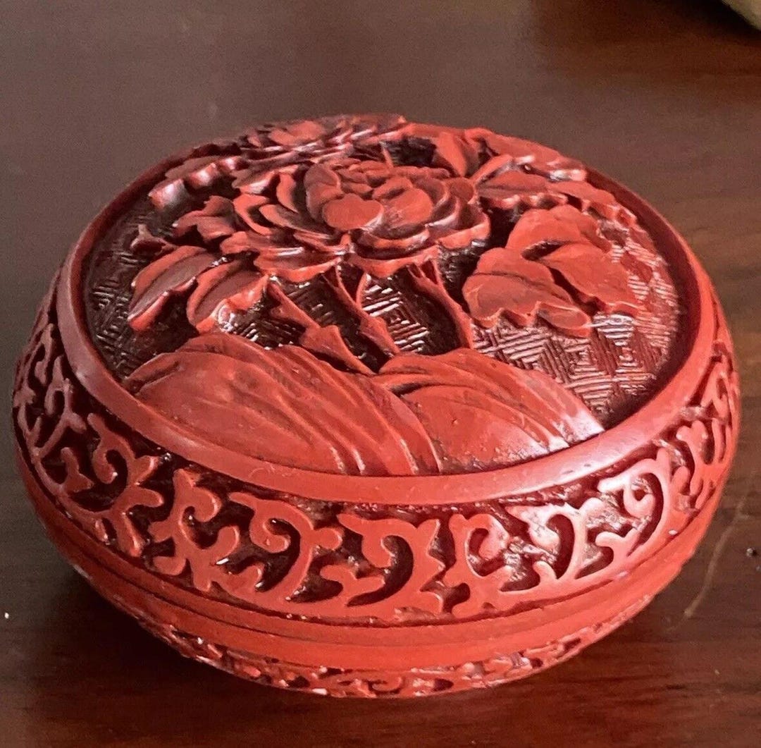 Vtg Chinese Red Cinnabar Lacquer Carved Trinket Jewelry Box Round Small ...