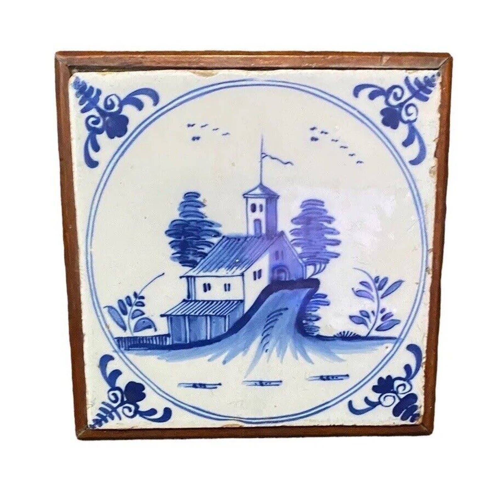 Antique Dutch Delft Blue White Tile Trivet Faience Church Painted Vtg ...