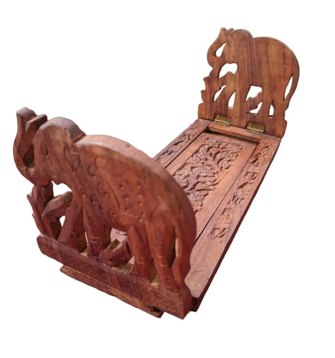 Vtg Carved Teak Expandable Elephant Shelf Book Tabletop Wood Boho India ...