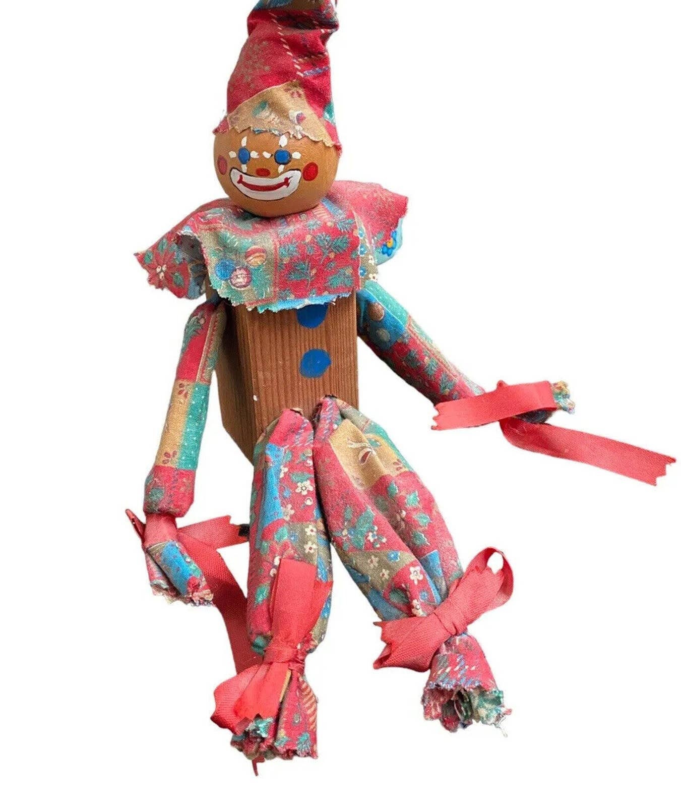 Vtg Wood Block Clown Doll Shelf Sitter Jester Red Handmade Folk Art ...