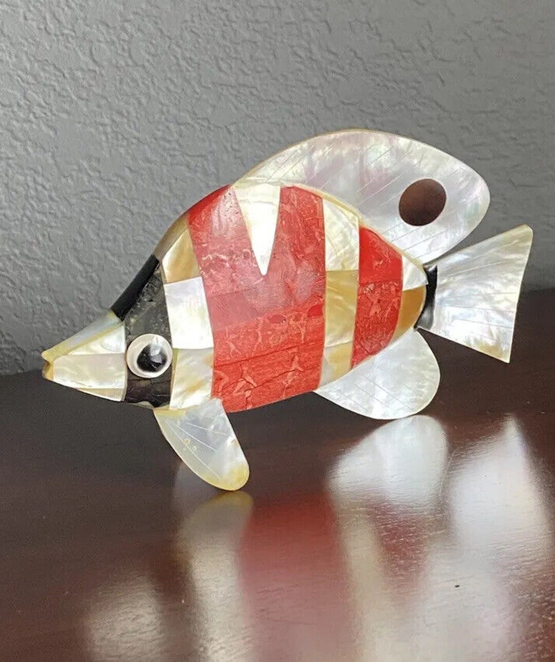 Mother of Pearl Fish Sculpture Nacre Ebony Inlay Figurine Orange Beach ...