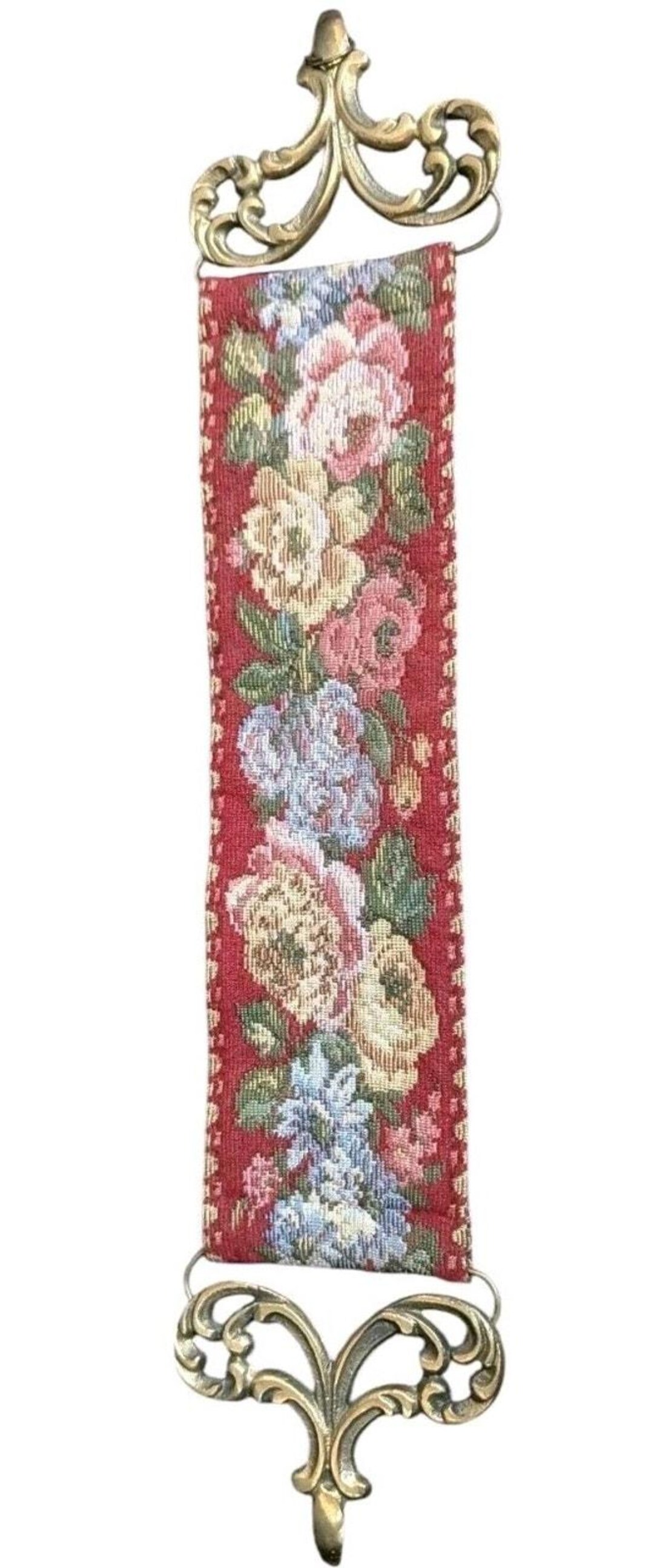 Vintage Red Floral Tapestry Bell Pull Ringer Corona Decor Brass Metal ...