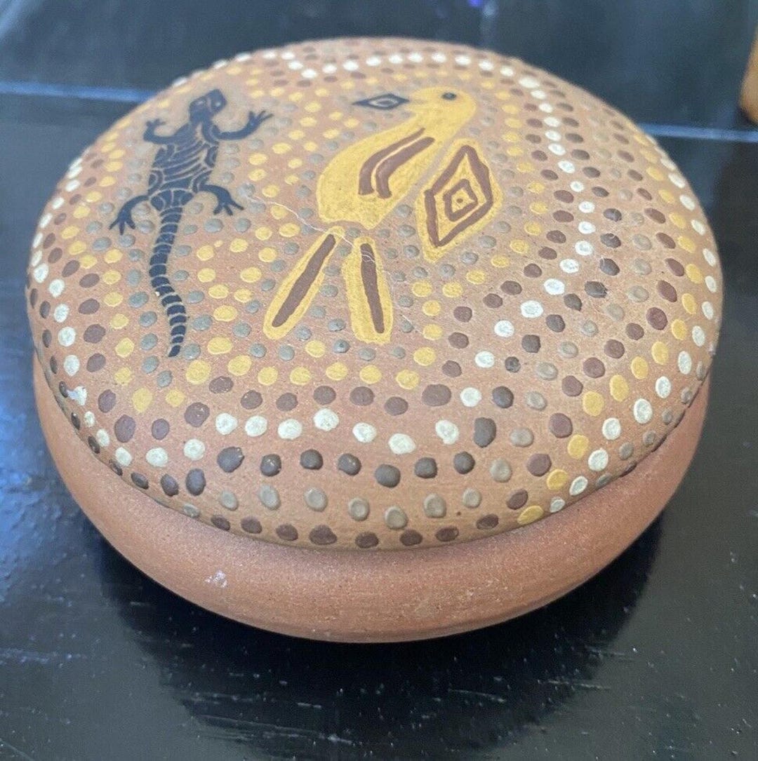 Hand Painted Australian Aboriginal Clay Pottery Trinket Box Bowl Kiwi ...