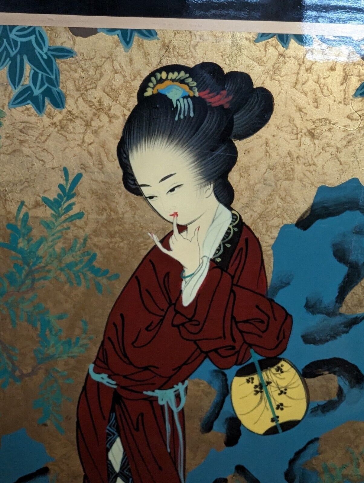 Vintage Japanese Hand Painted Lacquer Wood Panel Geisha Gold Black Art ...