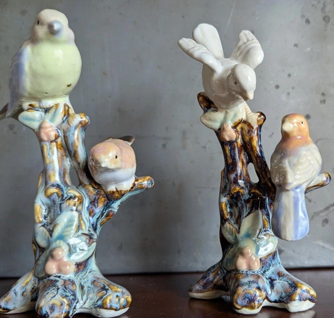 Antique Shiwan Ware Chinese Majolica Birds Tree Figurine Pair Art ...