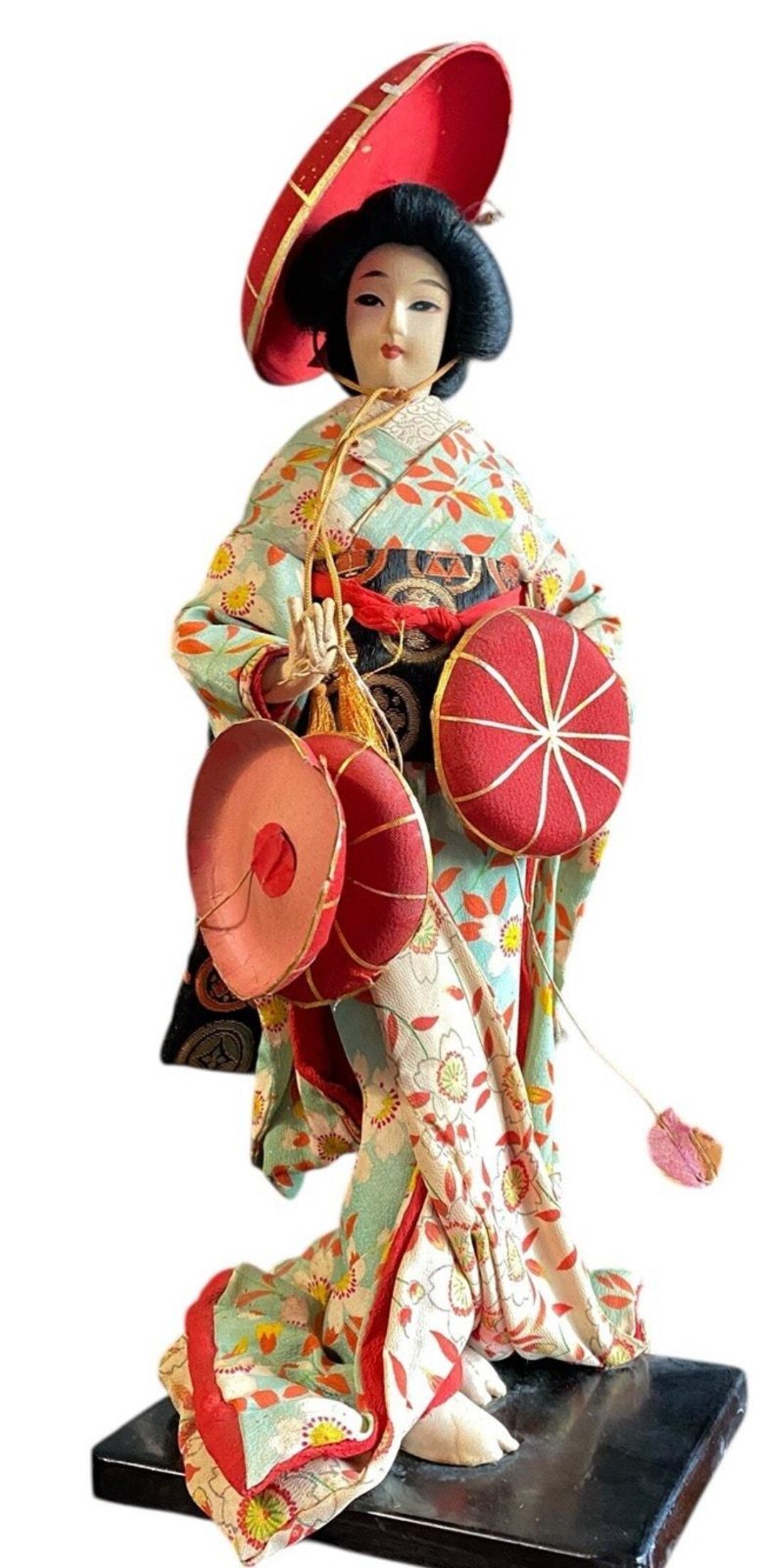 Vtg Kyugetsu Japanese Geisha Doll Silk Kimono 16" Wood Base Hats - Etsy