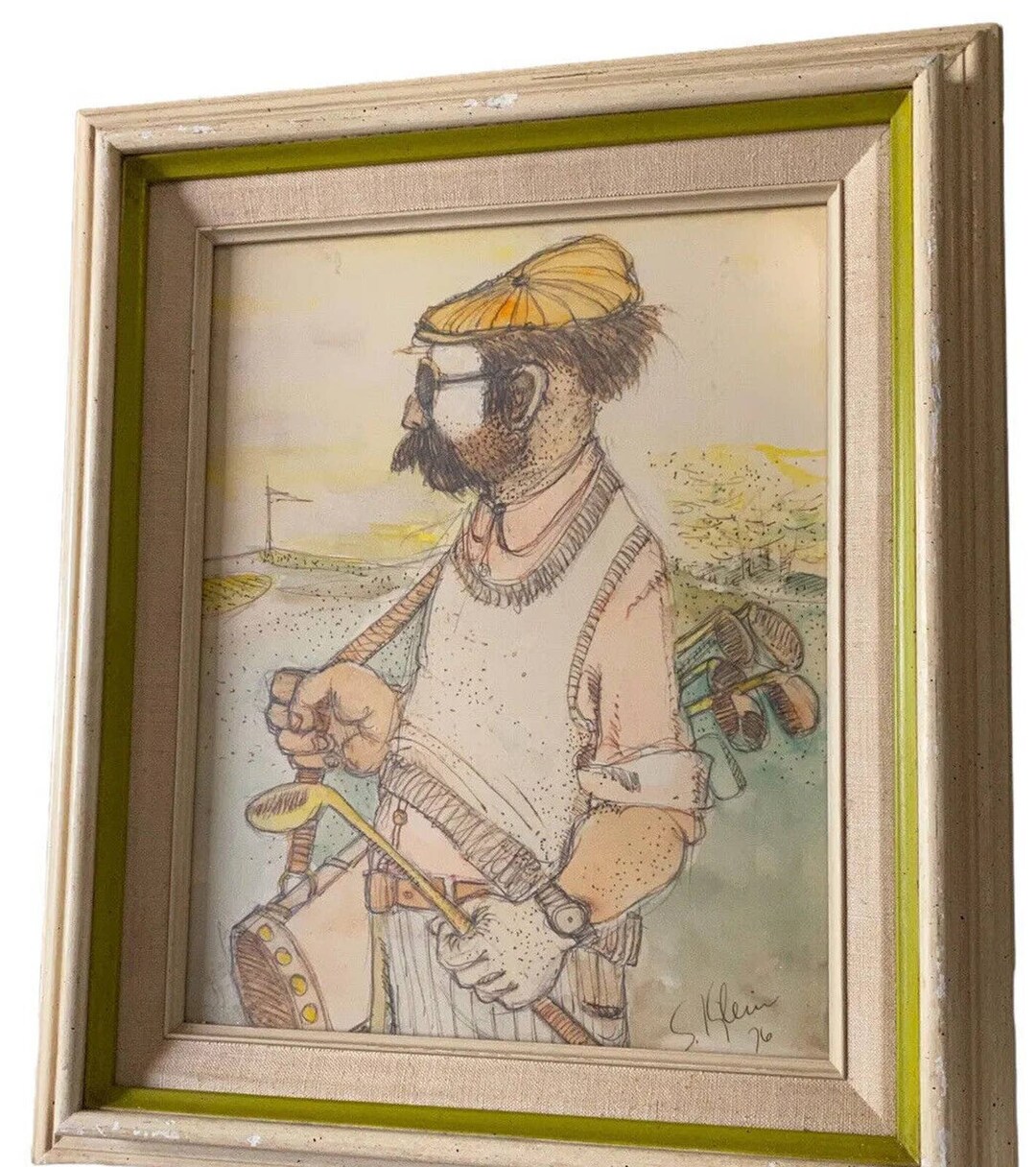 Vtg Stuart Klein Print Framed Golf Golfer Cartoon Texas 70s Art Hipster ...