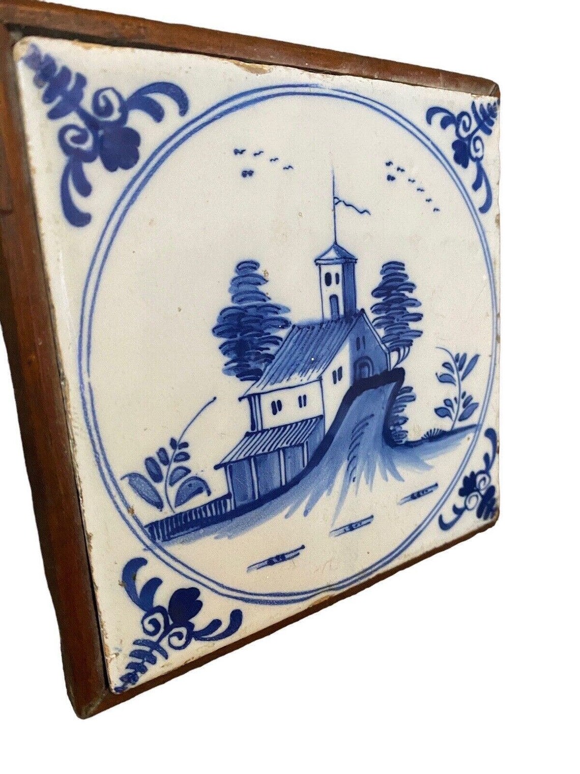 Antique Dutch Delft Blue White Tile Trivet Faience Church Painted Vtg ...