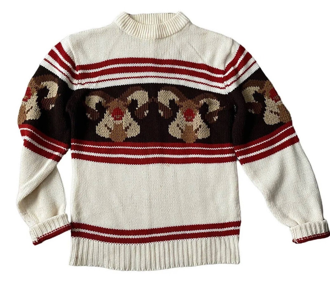 Vintage Silton Acrylic Sweater Ram Horns Bullhead Mock Neck Brown Cream ...