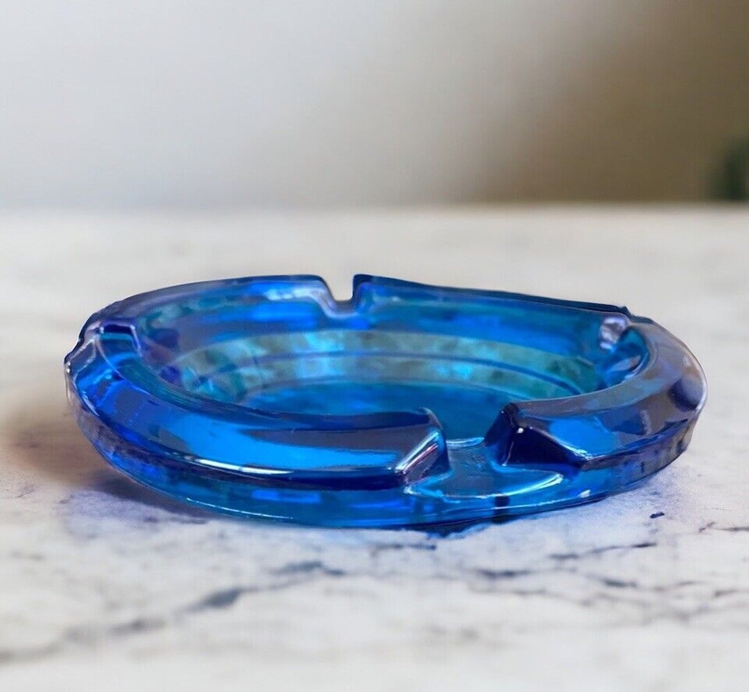Vintage Mid Century Modern Blue Art Glass Ashtray Trinket Dish Small ...