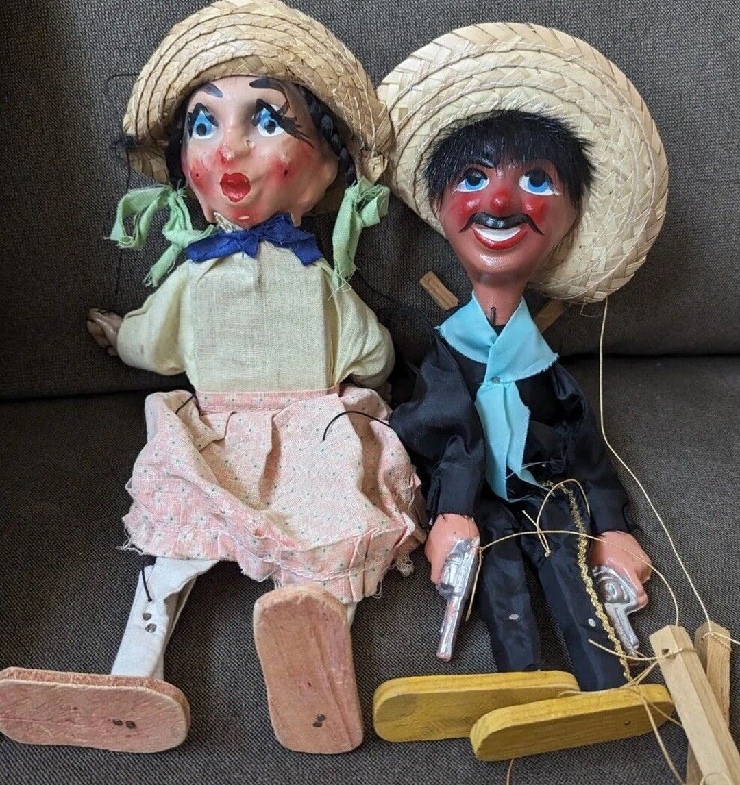 Vtg Mexican Marionette Puppet Couple Set Gunslinger Señorita Cowboy ...