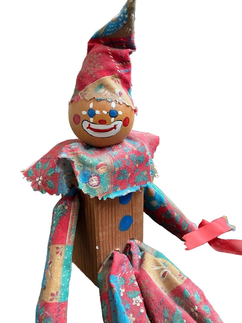 Vtg Wood Block Clown Doll Shelf Sitter Jester Red Handmade Folk Art ...