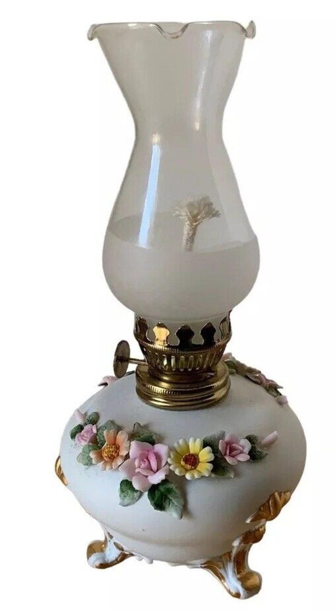 Lefton Hurricane Oil Lamp Pink Roses Porcelain KW4208 Flowers Boudoir ...