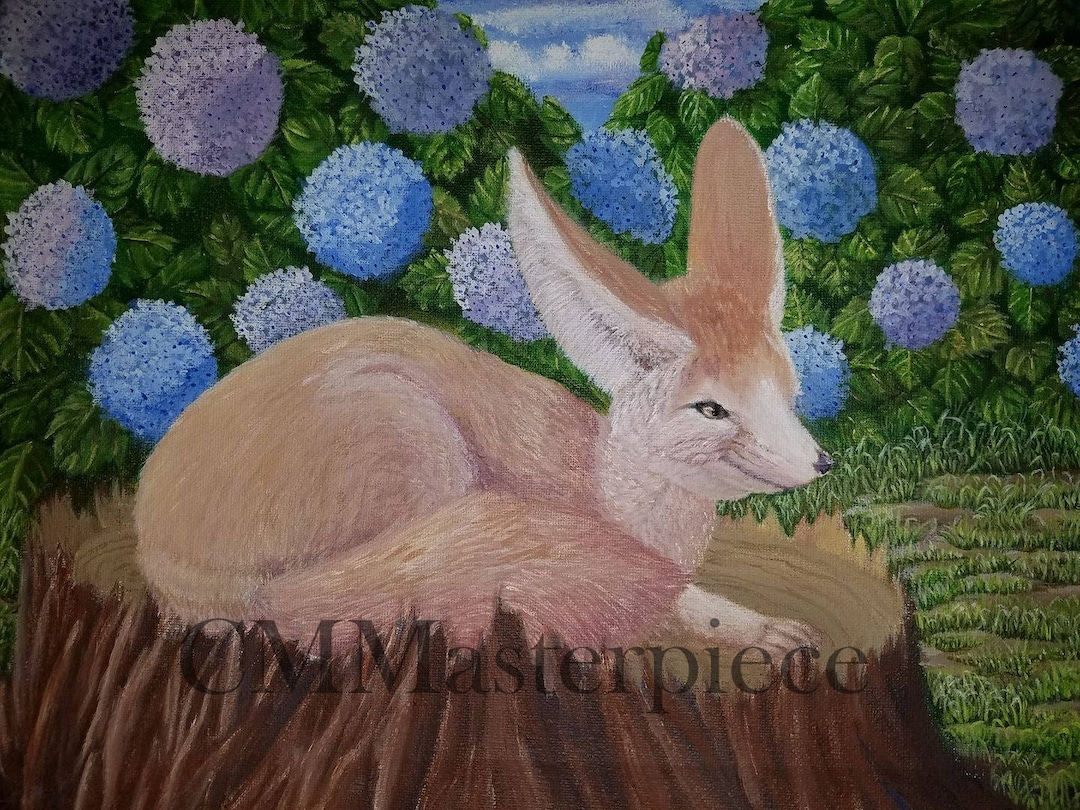 Fennec Fox Relaxing in Hydrangea Flower Garden Print, Wall Art ...