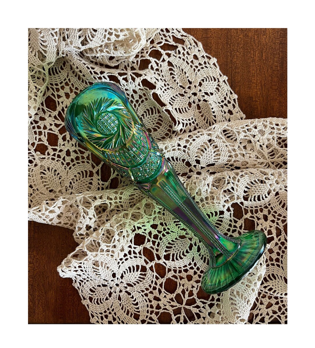 Vintage Fenton Vase Vintage Green Iridescent Trumpet Vase Whirling ...
