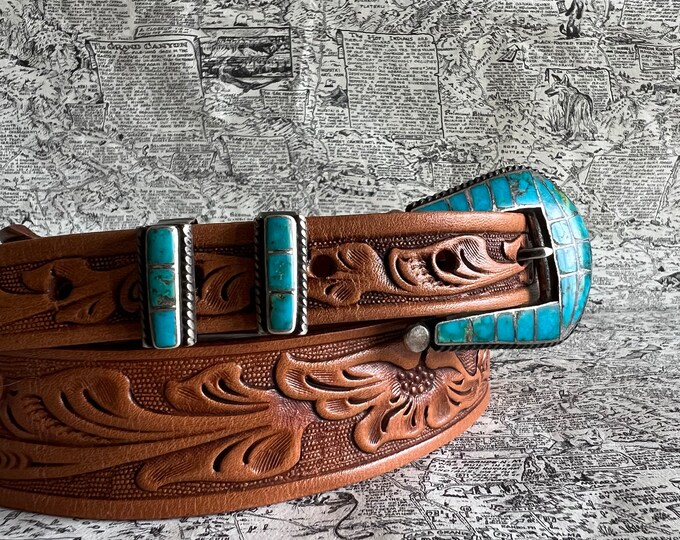 Vintage Native American Belt Inlaid Turquoise Belt Buckle and Loop ...