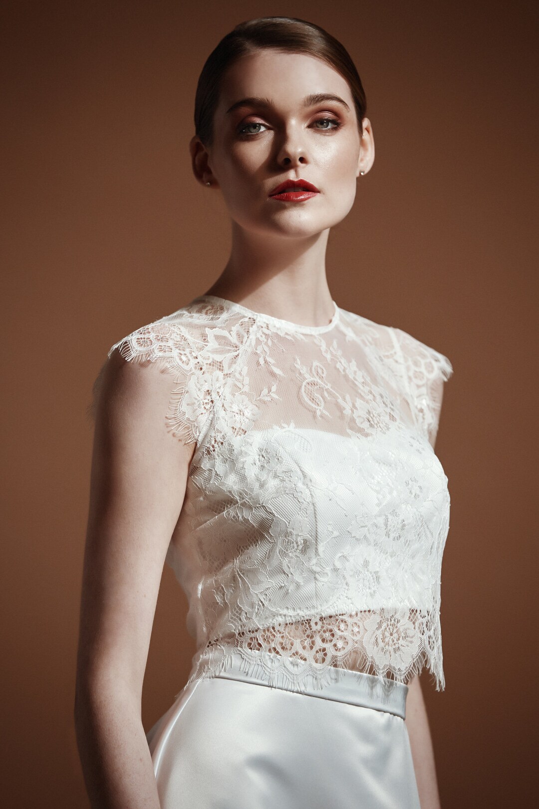 Janet Lace Top / High Neck Button-down Back Lace Top With Raglan Cap ...