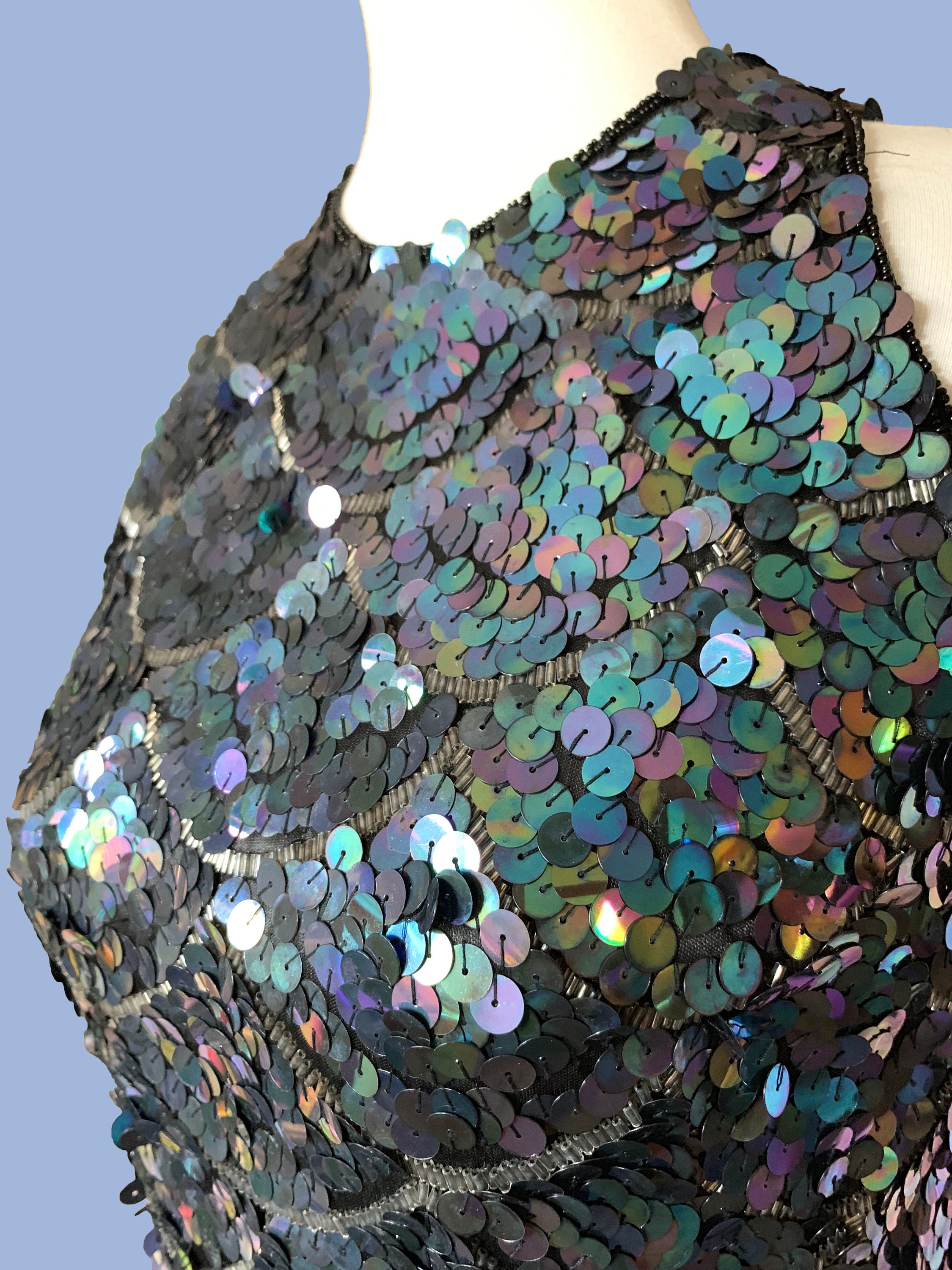 Vintage Iridescent Mermaid Scale Sequin and Beaded Sleeveless Open Back ...