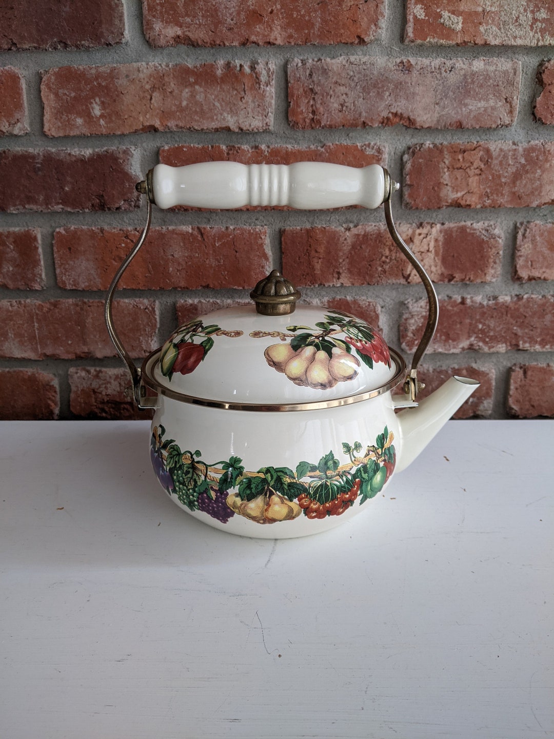Vintage, Garden-themed Tea Kettle With Porcelain Handle, Gold Rim, and ...
