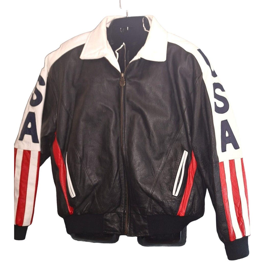 Michael Hoban Wheremi Leather Jacket Men's XL USA American Flag Black ...