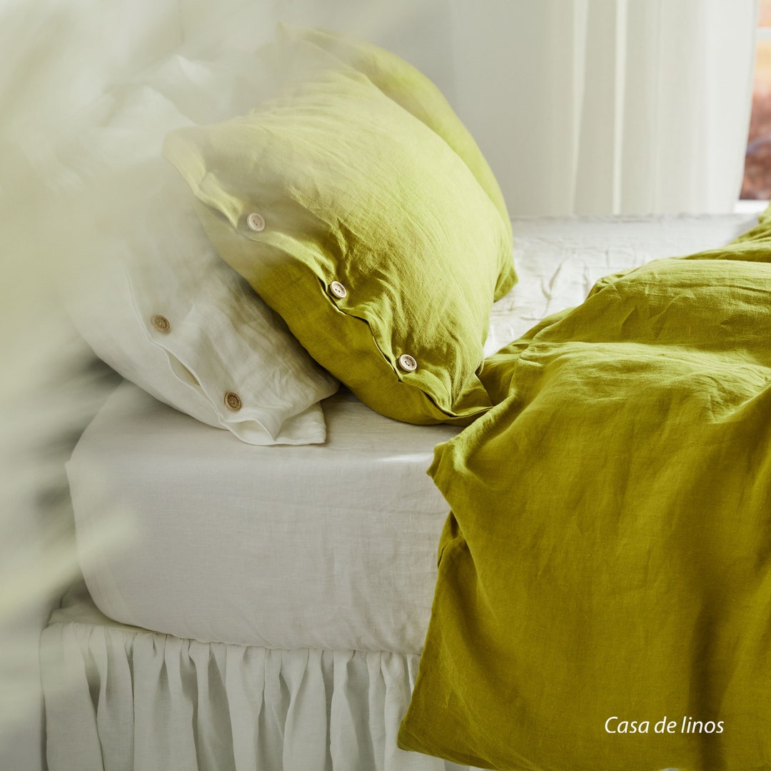 Linen Bedding Set in Lime. Softened, Washed, Queen, King Size Duvet ...